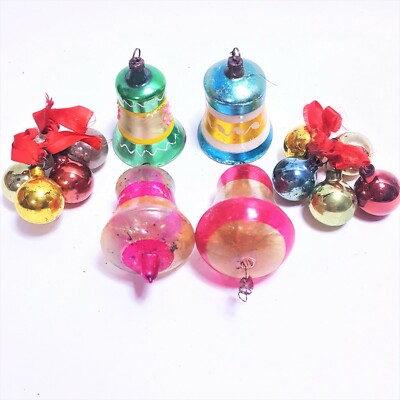 Antique 2 Glass Bells & 2 Glass Unsilvered Tinsel Bell Shaped Ornaments ...