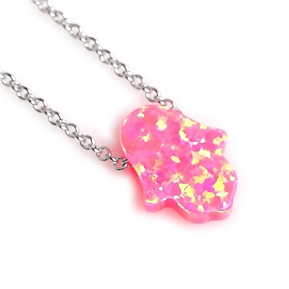 Pink Hamsa Hand of Fatima Pendant Necklace Sterling Silver 925 ...