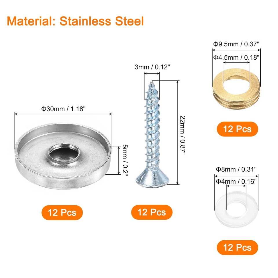 12 Pcs Screw Covers Caps, Stainless Steel Mirror Screws, 30mm Dia ...