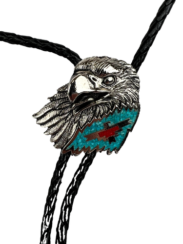 Vintage Aztec Eagle Head Bolo Tie Turquoise Inlay Black Leather Cord ...