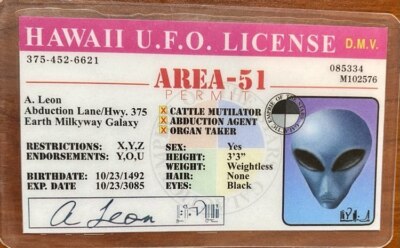 HAWAII UFO Operators License Area 51 Permit Drivers License Novelty ID ...