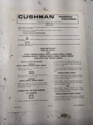 CUSHMAN INSTALLATION INSTRUCTIONS PARTS LIST MANUAL HOUR METER SET ...