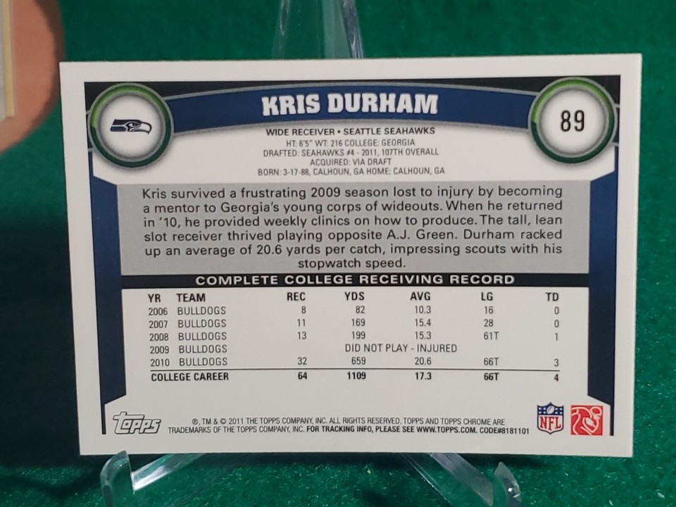 2011 Topps Chrome Football #89 Kris Durham Rookie Seattle Seahawks ...