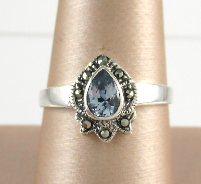 .925 Sterling Silver Blue Spinel Ring w/ Marcasite Bezel Set Pear ...
