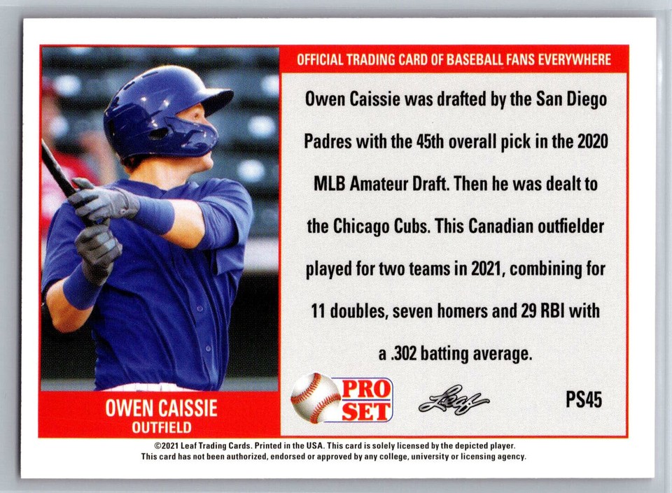 2021 Leaf Pro Set Owen Caissie Rookie Red Chicago Cubs RC #PS45 | eBay