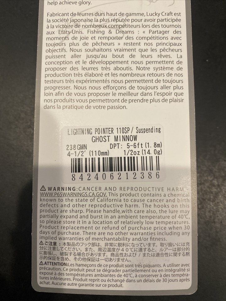 Lucky Craft Lightning Pointer 110SP Susp. 4 1/2” 5-6Ft 1/2oz Ghost ...