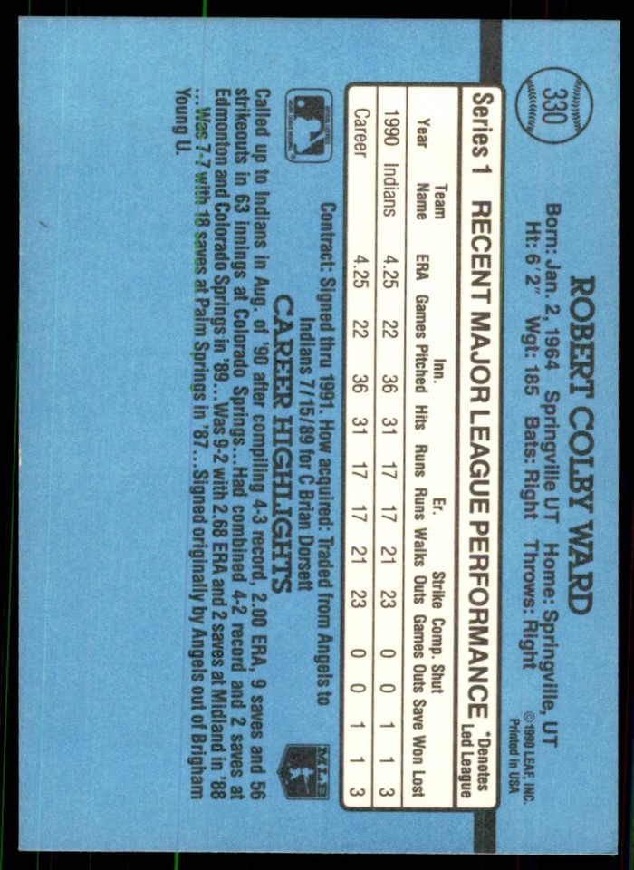 1991 Donruss Baseball Card Colby Ward Rookie / Cleveland Indians #330 ...