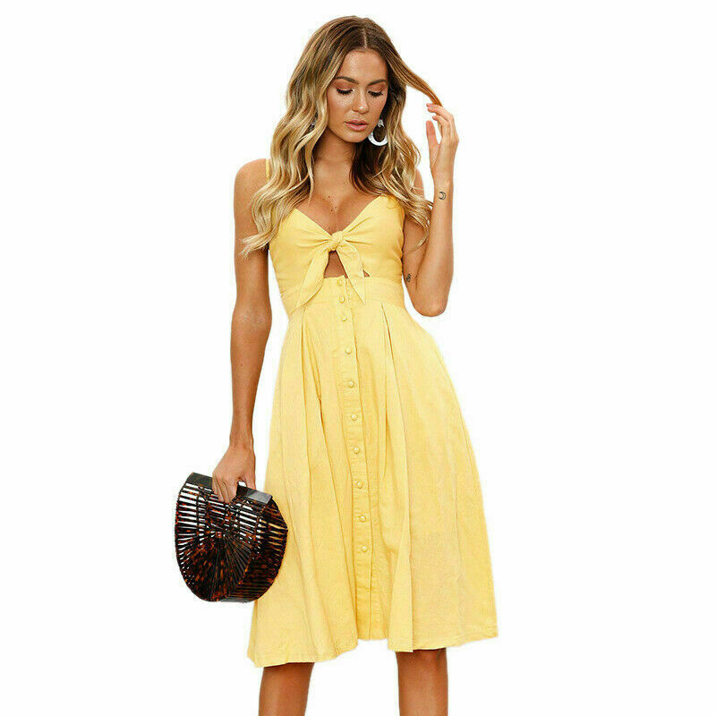 Tie Beach Holiday Womens Sundress Strappy Midi Swing Front Button Dress ...
