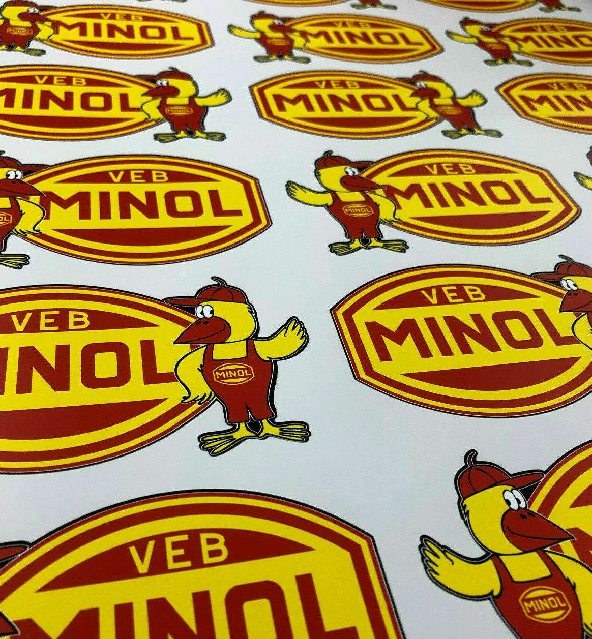 2x MINOL Pirol Aufkleber 12x7cm DDR Sticker Oldschool Kult VEB Oldtimer ...