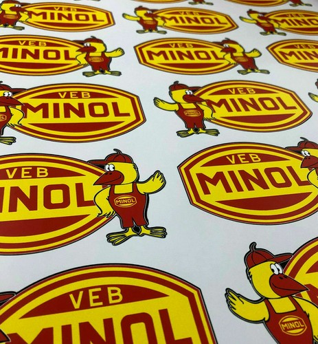 2x MINOL Pirol Aufkleber 12x7cm DDR Sticker Oldschool Kult VEB Oldtimer ...