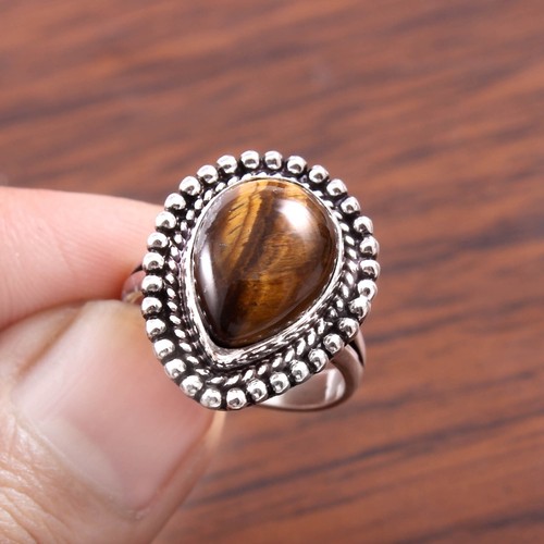 925 Sterling Silver Natural Tiger's Eye Gemstone Jewelry Ring (US) Size ...