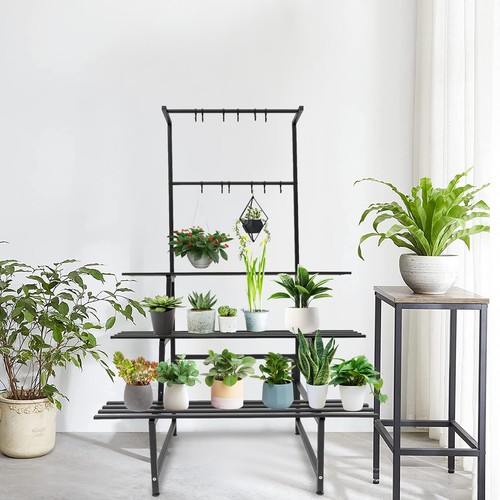 3 Tier Rectangular Metal Plant Holder Plant Stand With Hanging Rods 5 ...