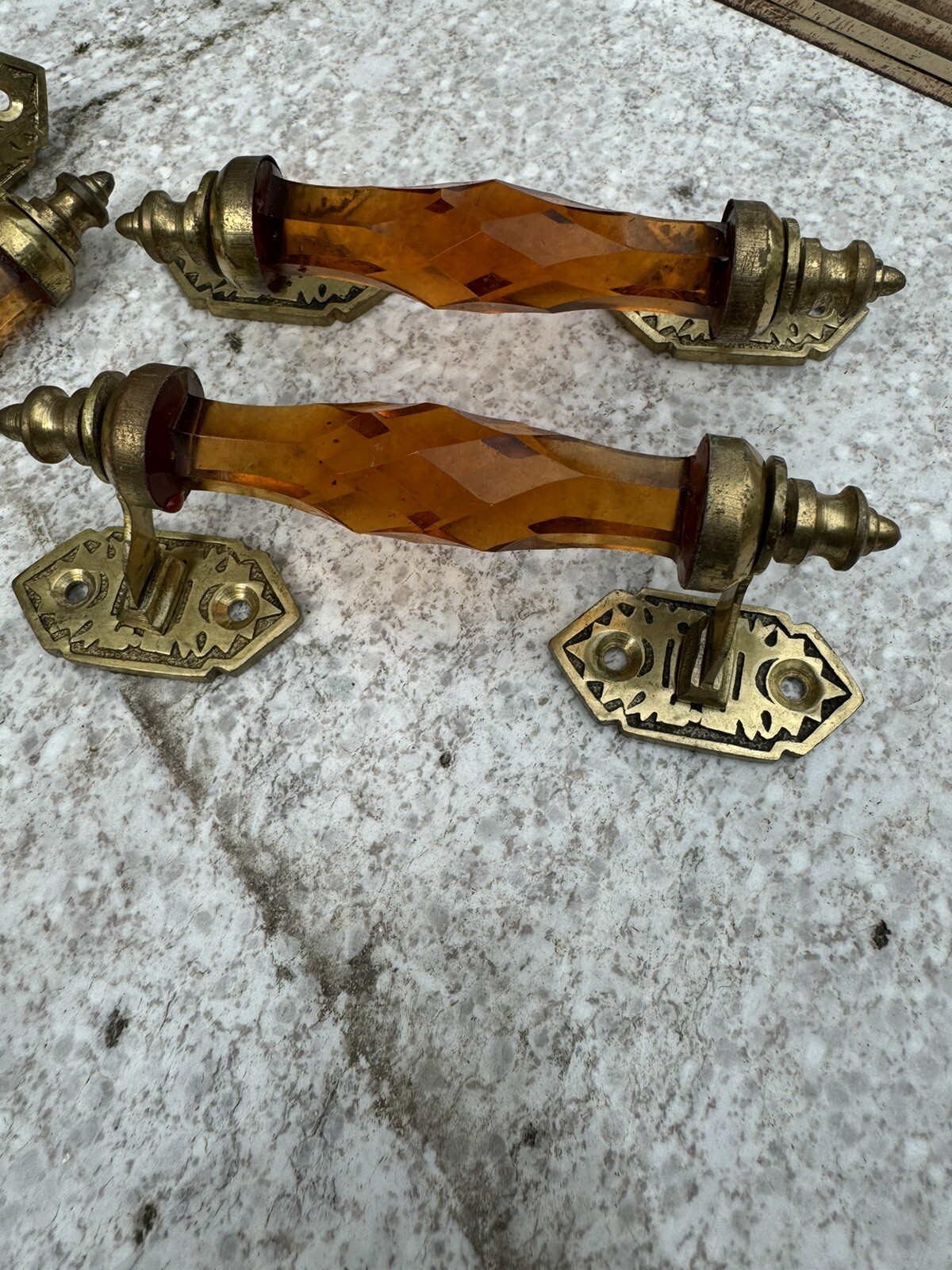 2 Pc Vtg Style Brass Amber Cut Glass Victorian Door Handle 6 Sets ...