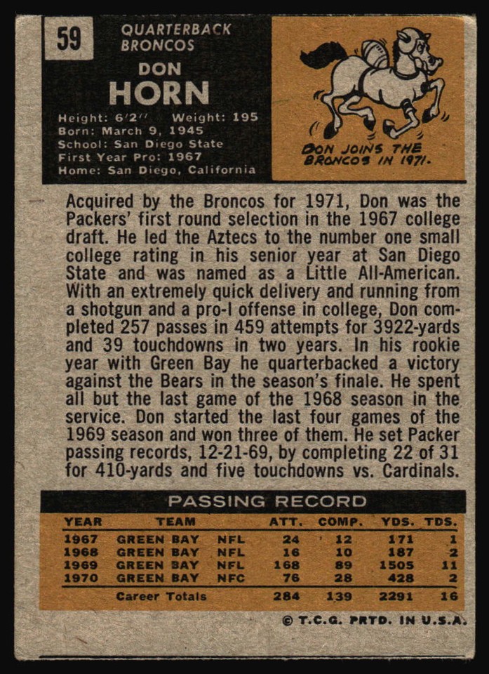 1971 Topps Don Horn #59 Denver Broncos L2 | eBay