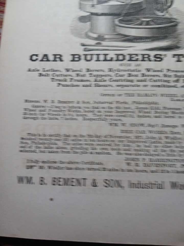1875 Print Ad WILLIAM BEMENT INDUSTRIAL WORKS Philadelphia railroad Car ...