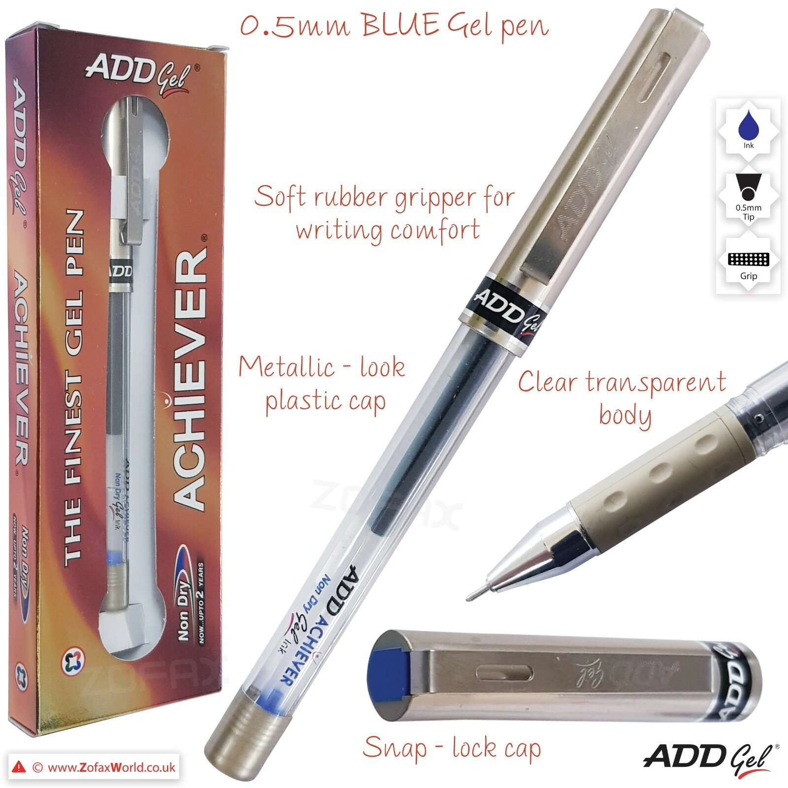 ADD-GEL Achiever BLACK BLUE 0.5mm Tip Finest Gel Pen Soft Rubber Grip ...