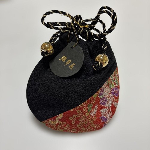 Japanese Drawstring Bag Kinchaku Japanese-Style , Black And Red Floral ...