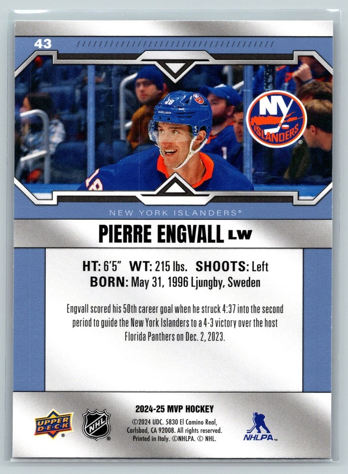 Pierre Engvall 2024-25 Upper Deck MVP Hockey #43 New York Islanders NHL ...