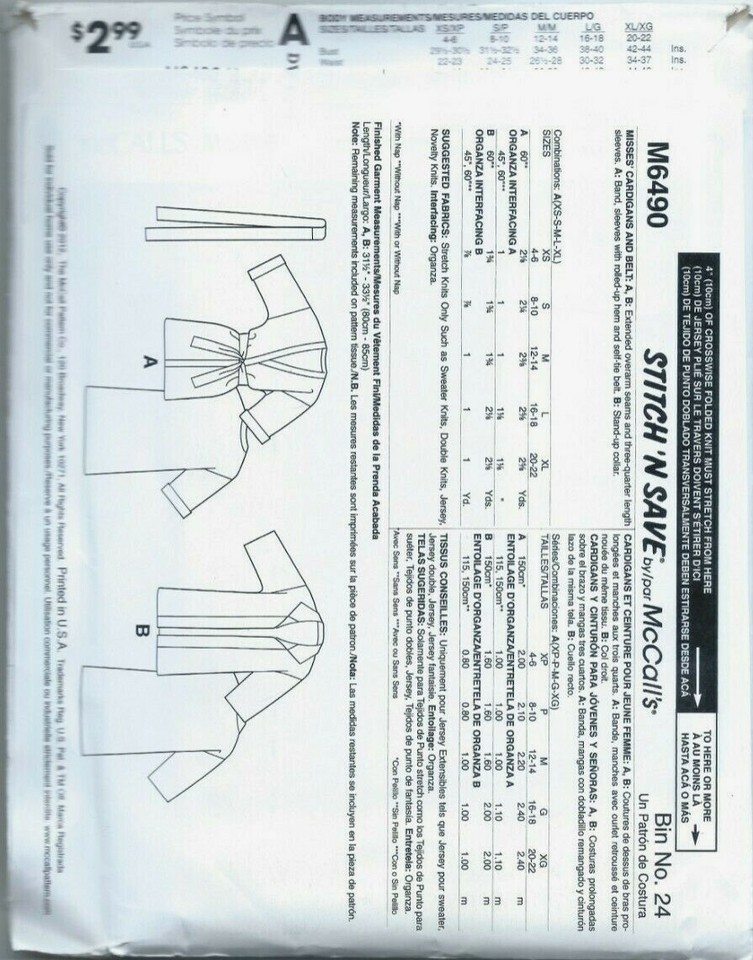 NEW/UNCUT M6490 McCall's Pattern Misses Cardigan and Belt Sizes XSM,SM ...