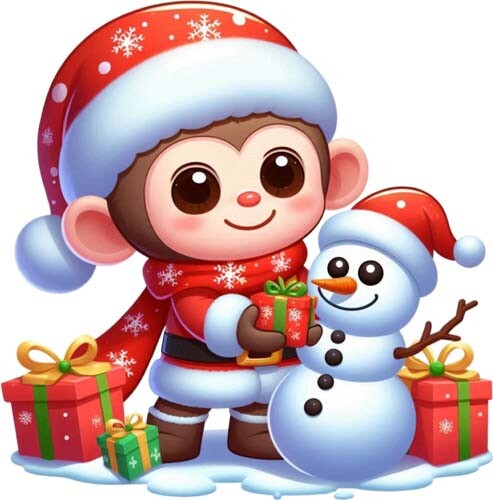 Christmas Monkey Snowman Wall Art Bedroom Nursery Vinyl Sticker Decal 6 ...