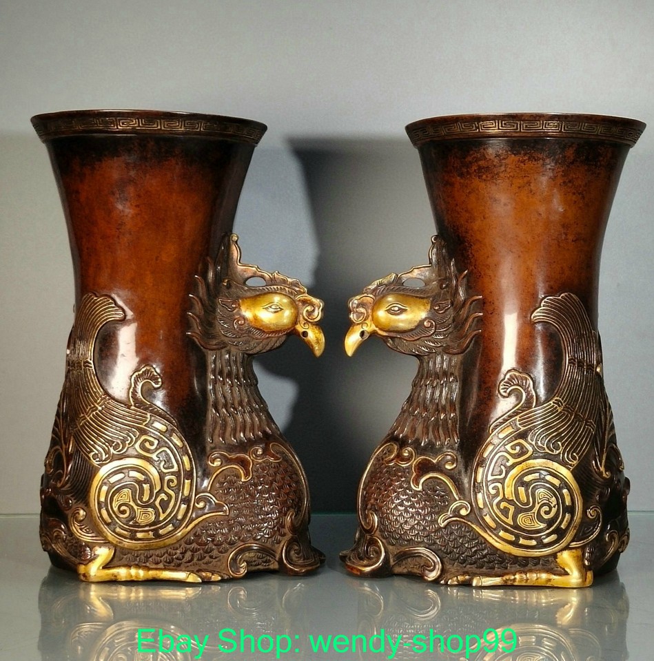 Qianlong Marked Purple Bronze Gold Phoenix Phenix Zun Vase Bottle Brush ...