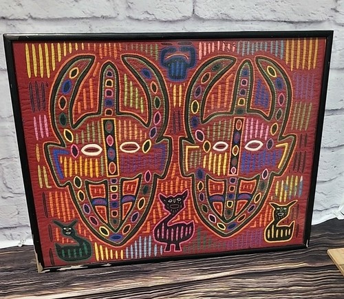 VTG Framed Mola Panama Cuna Kuna Native Folk Art 18.5Wx15H Cloth Faces ...