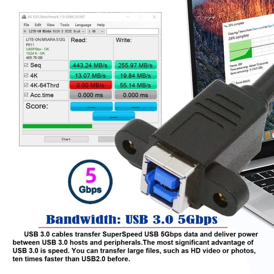 Cord USB 3.0 Type-B Female to USB3.0 Type-B Male Cable Extension 5Gbps ...
