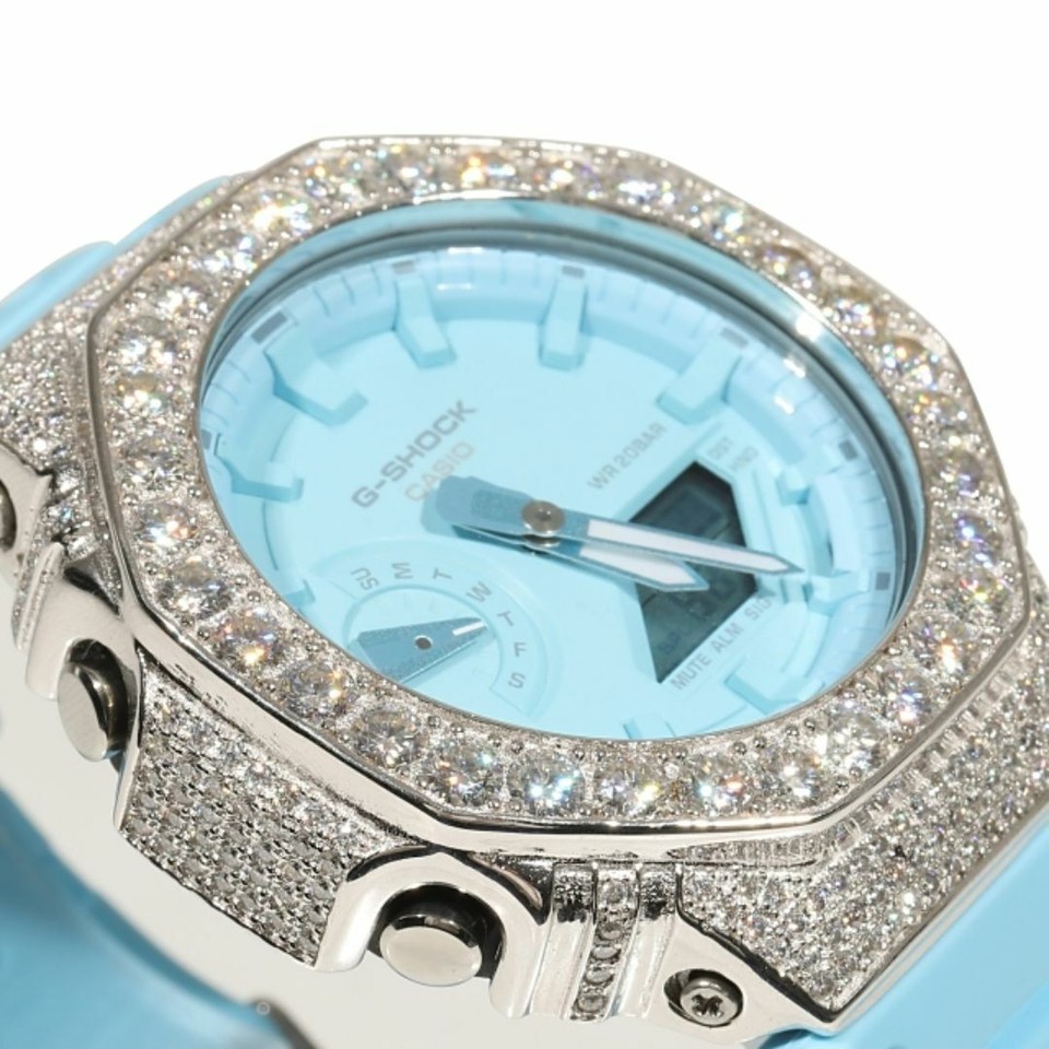 G SHOCK Custom GA2100 Moissanite .925 Silver Casioak Sky Blue with GRA ...
