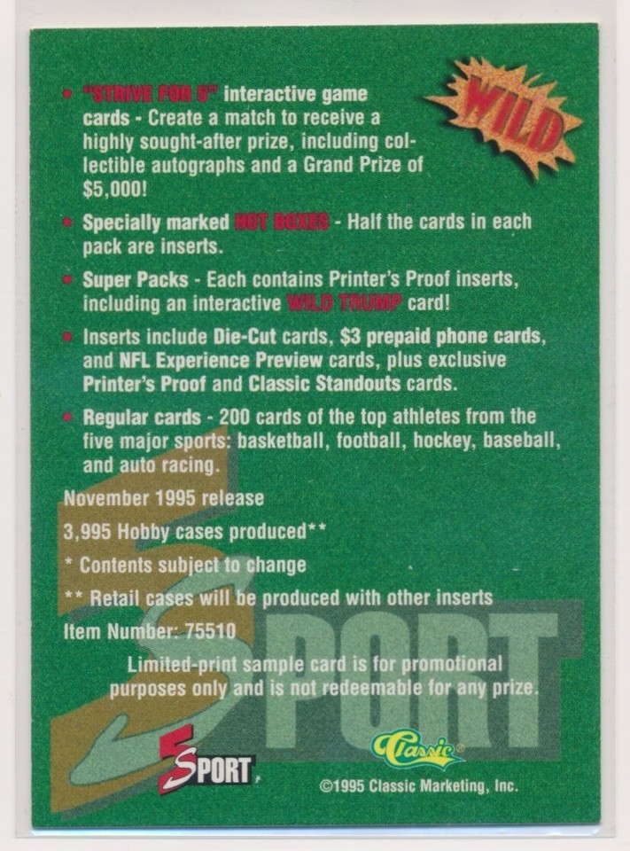 1995 Classic 5 Sport Wild Sample Jerry Stackhouse Wild Rookie RC RARE ...