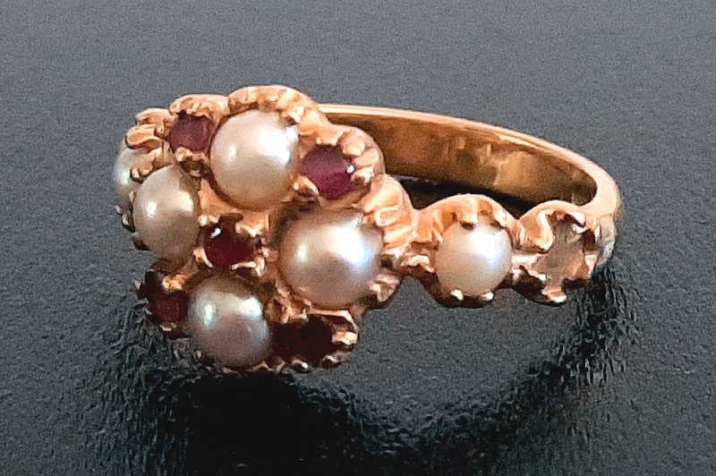 ANTIQUE c1868 14K YELLOW GOLD RUBY & PEARL RING * BRITISH HALLMARKS *NO ...