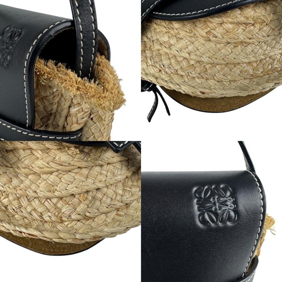 LOEWE Mini Gate Shoulder Bag in Leather, Raffia, Black, and Beige ...