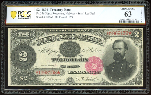 1891 $2 Treasury Note Bill FR-356 - Certified PCGS 63 Details (Choice ...