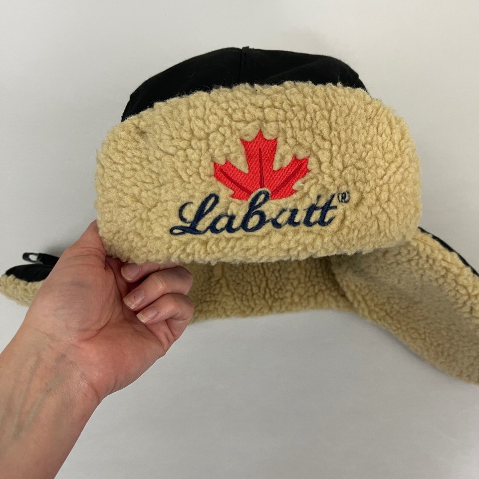 Labatt Blue Canada Maple Leaf Trapper Hat Winter Sherpa Lined Black Ear ...
