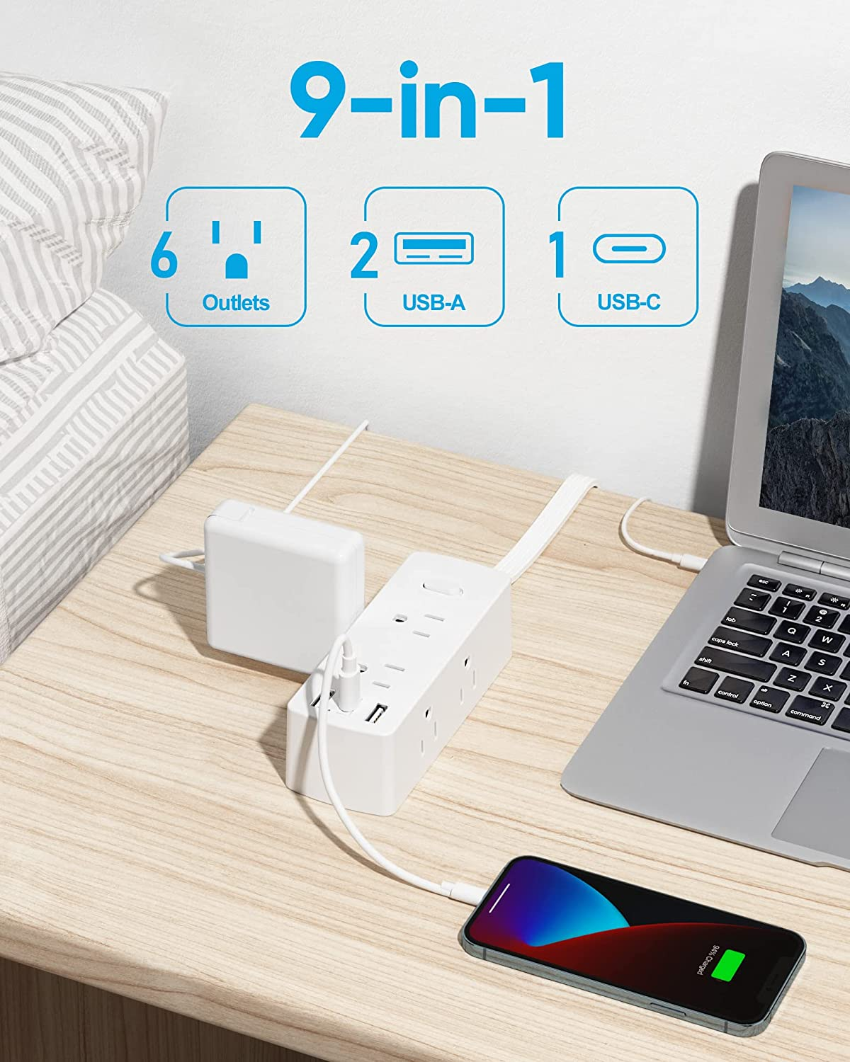 Flat Plug Power Strip, Flat Extension Cord 5Ft, 6 Outlets 3 USB Ports(1 ...