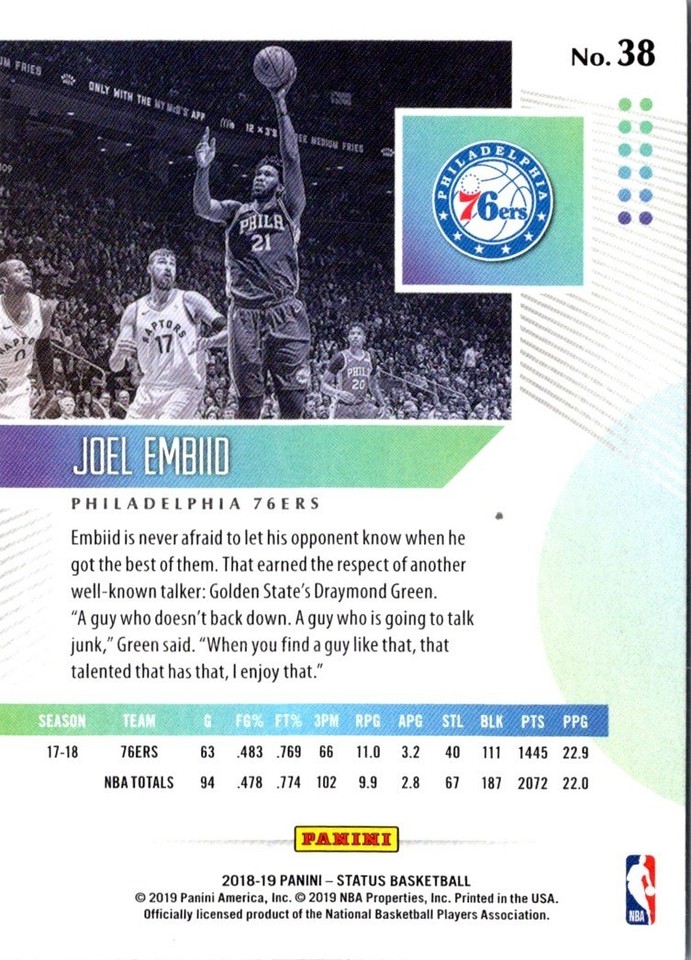 2018 Panini Status Joel Embiid #38 Philadelphia 76ers Basketball Card ...