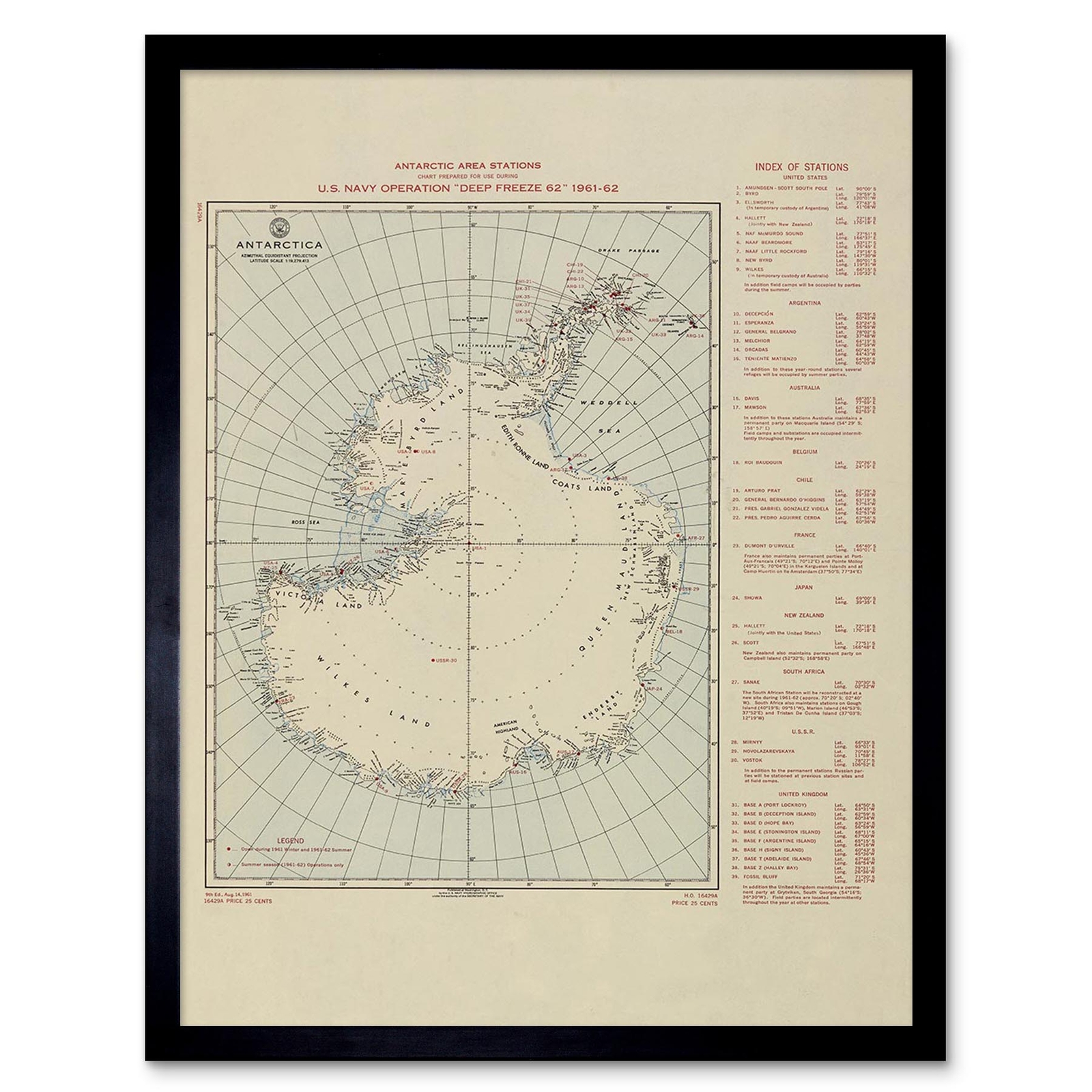 Antarctica Map 1961 1962 Deep Freeze 12X16 Inch Framed Art Print | eBay