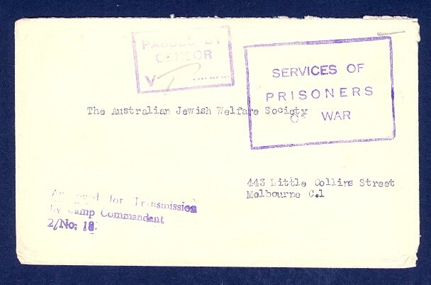 AUSTRALIA CAMP 2 POW CENSORED COVER TO JEWISH WELFARE SOCIETY | eBay