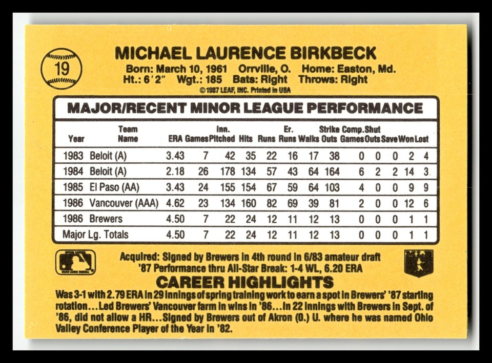 1987 Donruss The Rookies #19 Mike Birkbeck | eBay