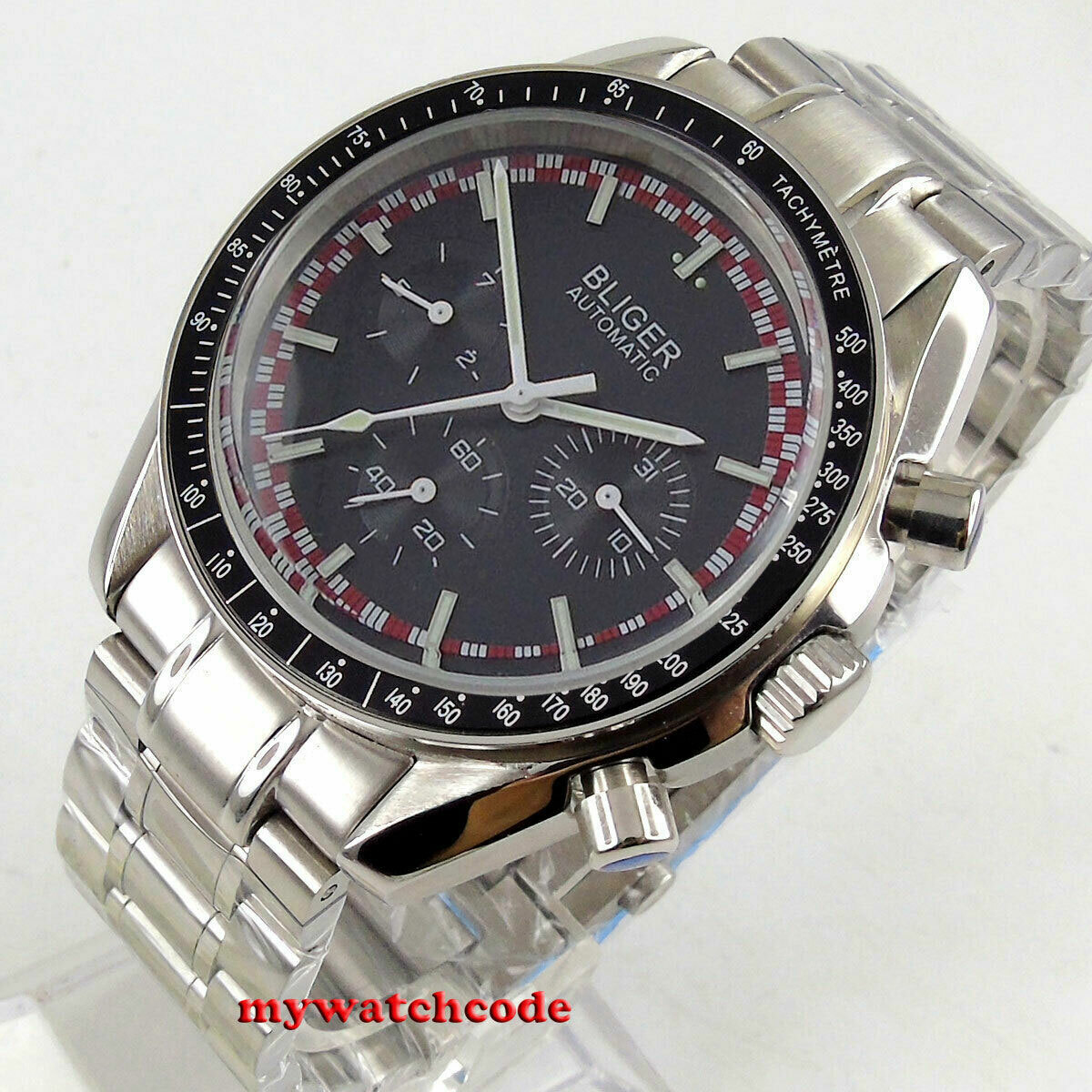 40mm Bliger blue white black dial week day multifunction automatic mens ...