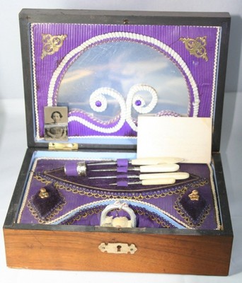 FRENCH BISTRO sewing ETUI BOX c1860 ANTIQUE; ORIGINAL Photo of owner ...