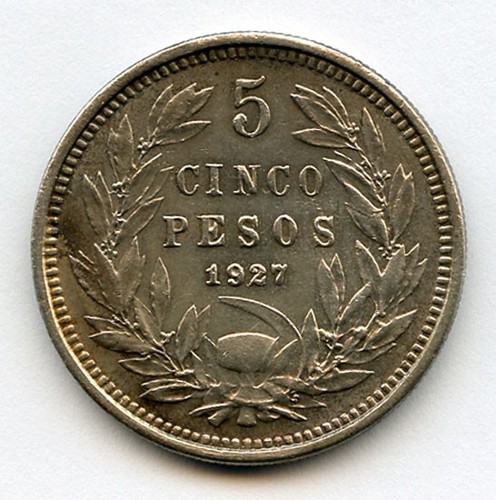 CHILE 1927 ISSUE 5 PESOS SILVER CROWN TONED+LUSTER AU+. KM#173.1 | eBay