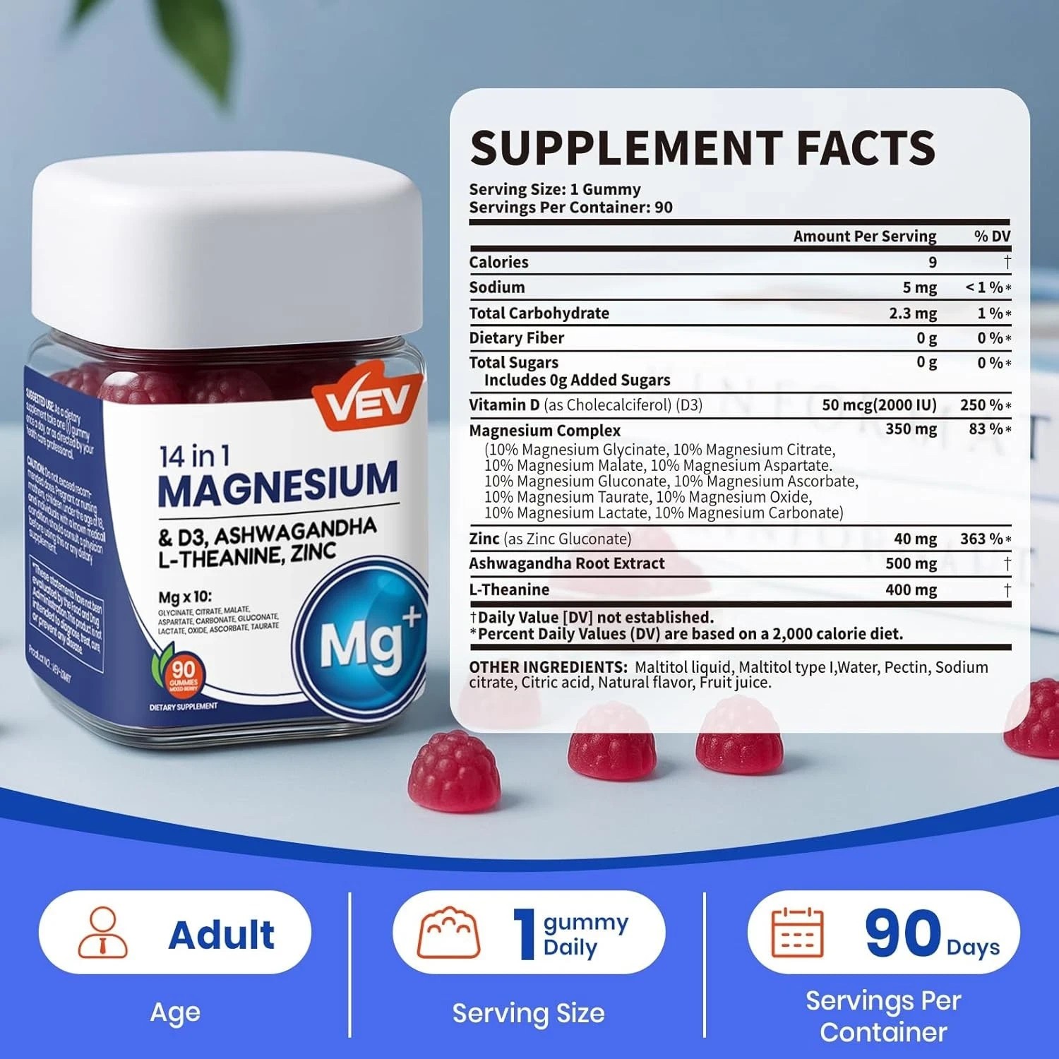VEV 14-in-1 Magnesium Complex Gummies –L-Theanine,Cortisol Supplements ...