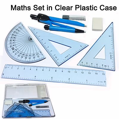 Maths set clear plastic case geometry ruler protector compass squares ...