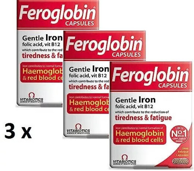 3 x Box Vitabiotics Feroglobin B12 Slow Release Capsules 30 - Iron Pack ...