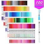 100 Colors Dual Tip Brush Pens Fineliner Marker Set Double Heads Maker ...