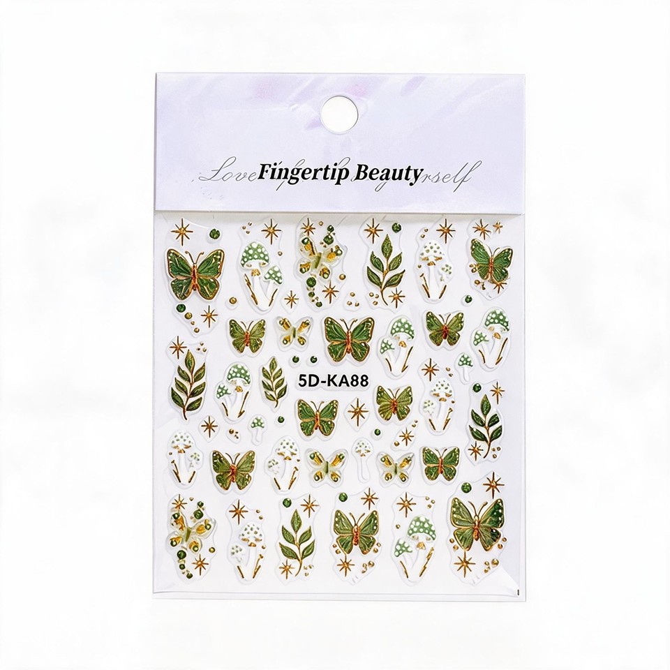Embossed Nail Stickers Green Butterfly Mushroom Design for For 5d Nail ...