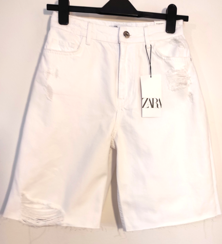 Zara White Ripped Detail Long Denim Shorts Jorts Size 8 | eBay UK