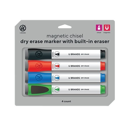 U Brands Dry Erase Markers Chisel w/Cap Eraser 4/Pk Ast Colors Low Odor ...