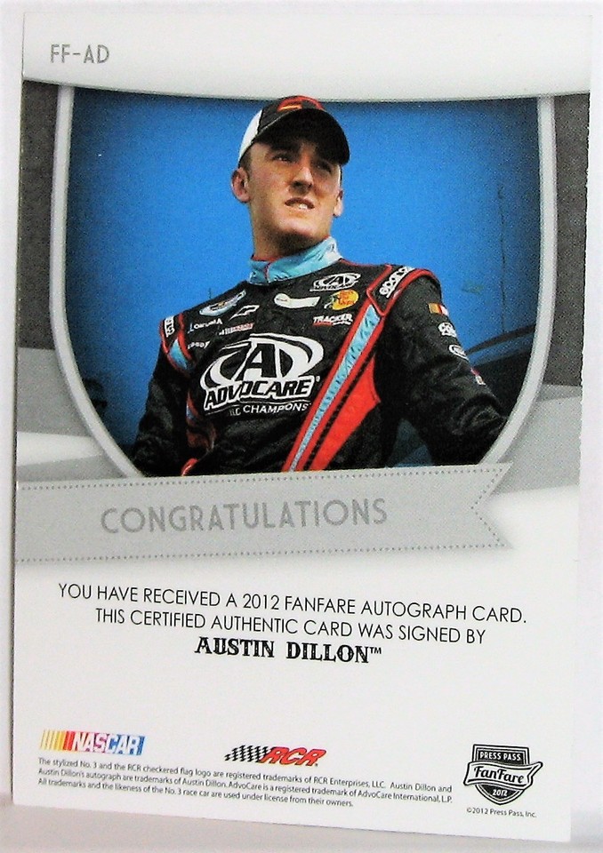 AUSTIN DILLON = 2012 PRESS PASS - FAN FARE / AUTOGRAPH = SIGNATURE CARD ...