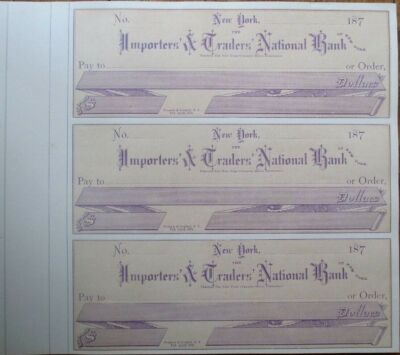 Importers and Traders National Bank 1870s Sheet Three Checks, New York ...